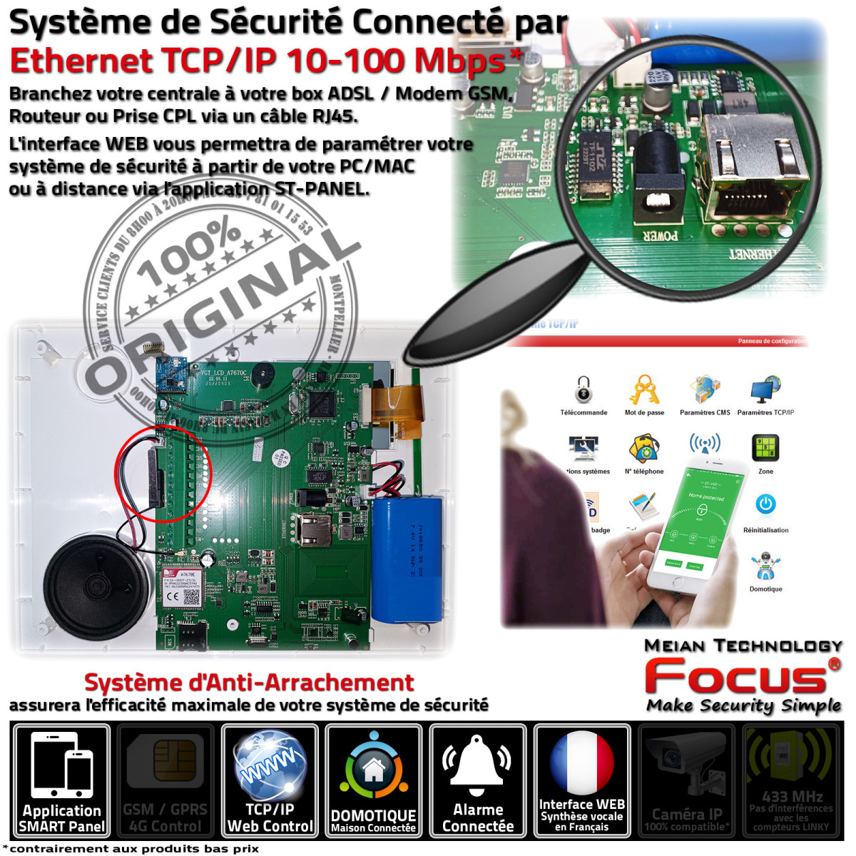 Pack système d'alarme Meian FOCUS HA-VGT Ethernet GSM 4G TCP-IP 433MHz pro